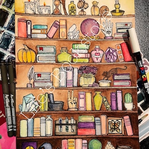 A4 Witchy Halloween Bookshelf Watercolour Print - Etsy