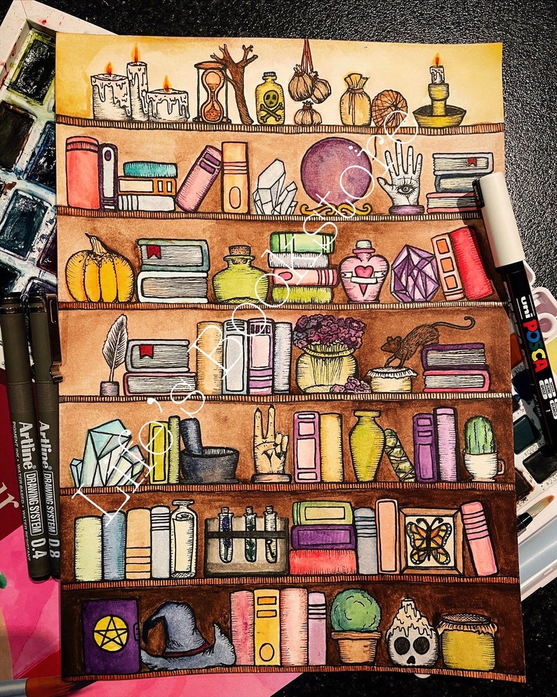 A4 Witchy Halloween Bookshelf Watercolour Print - Etsy