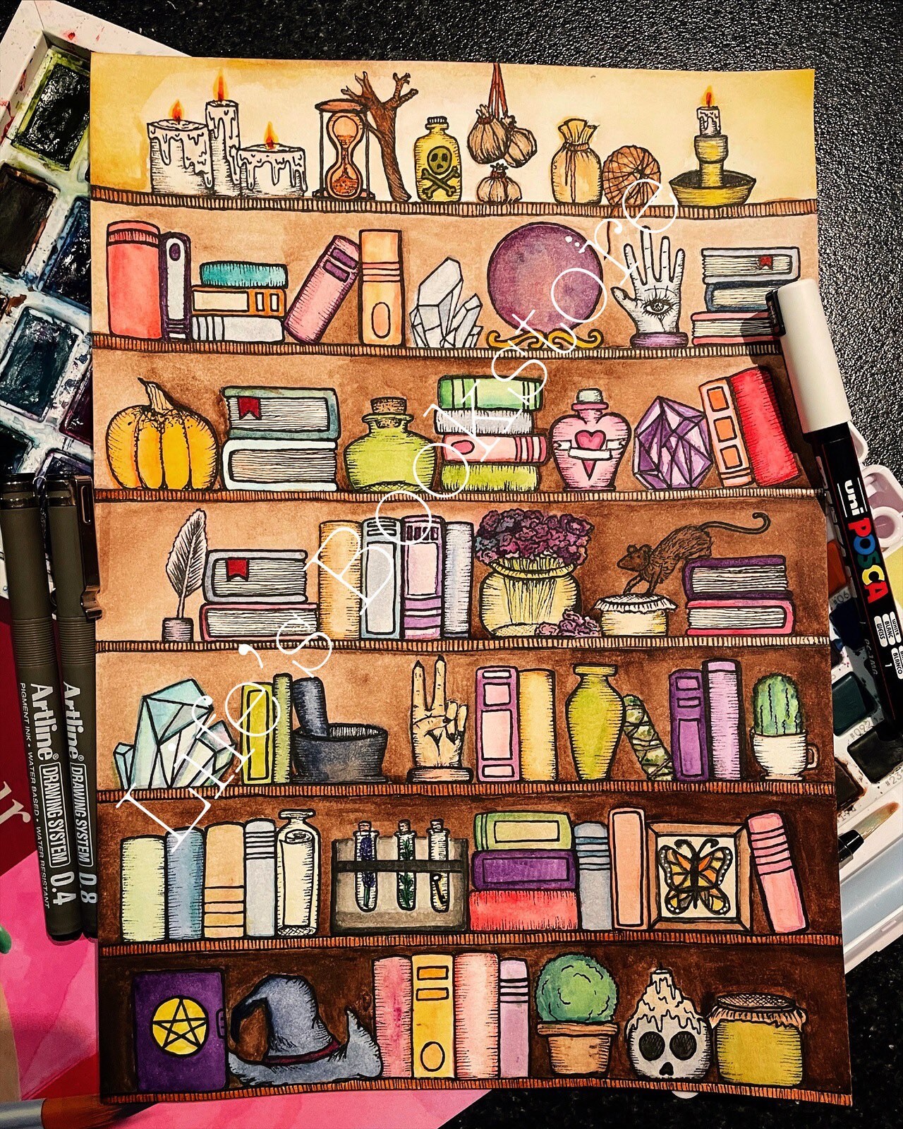 A4 Witchy Halloween Bookshelf Watercolour Print - Etsy