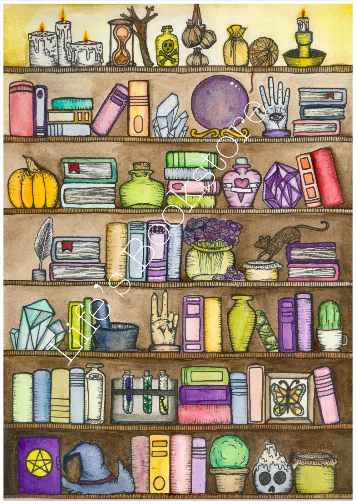 A4 Witchy Halloween Bookshelf Watercolour Print - Etsy
