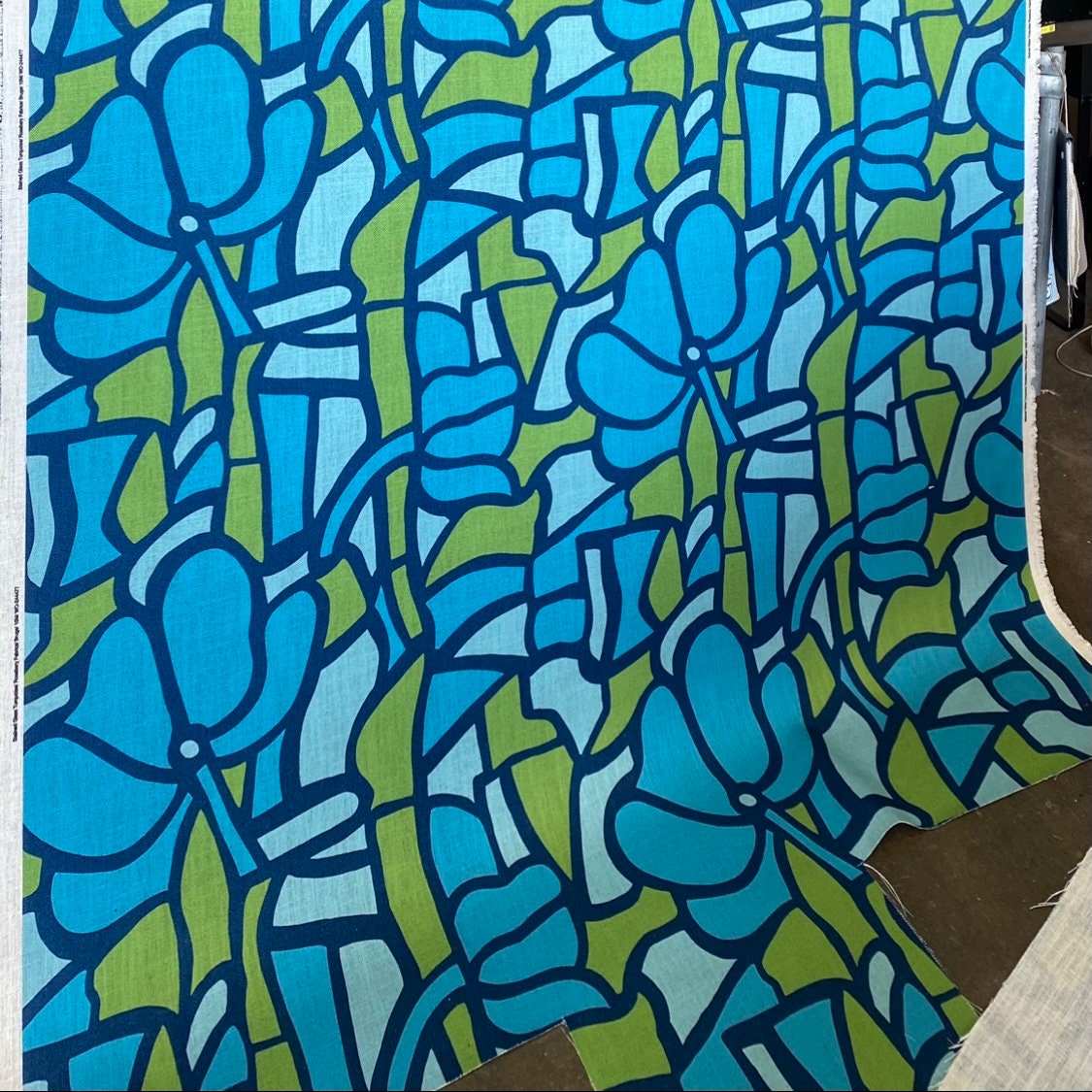 Florence Broadhurst Fabric Stained Glass in Blues and Greens Printed on ...
