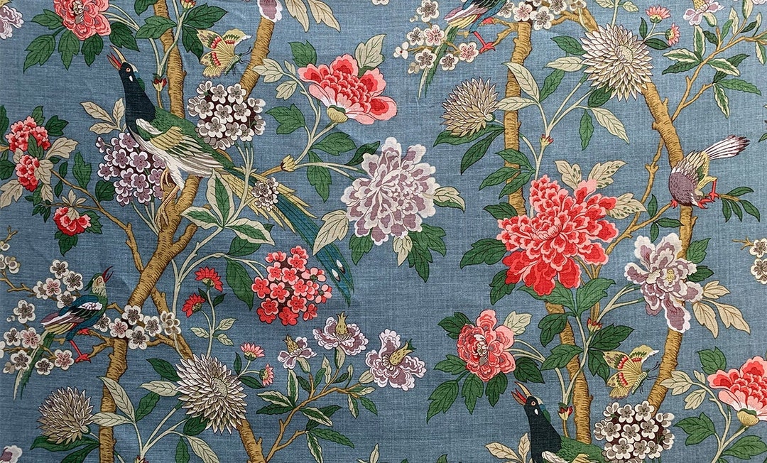 GP & J Baker Hydrangea Bird Indigo Fabric. 100% Linen Fabric. Screen ...