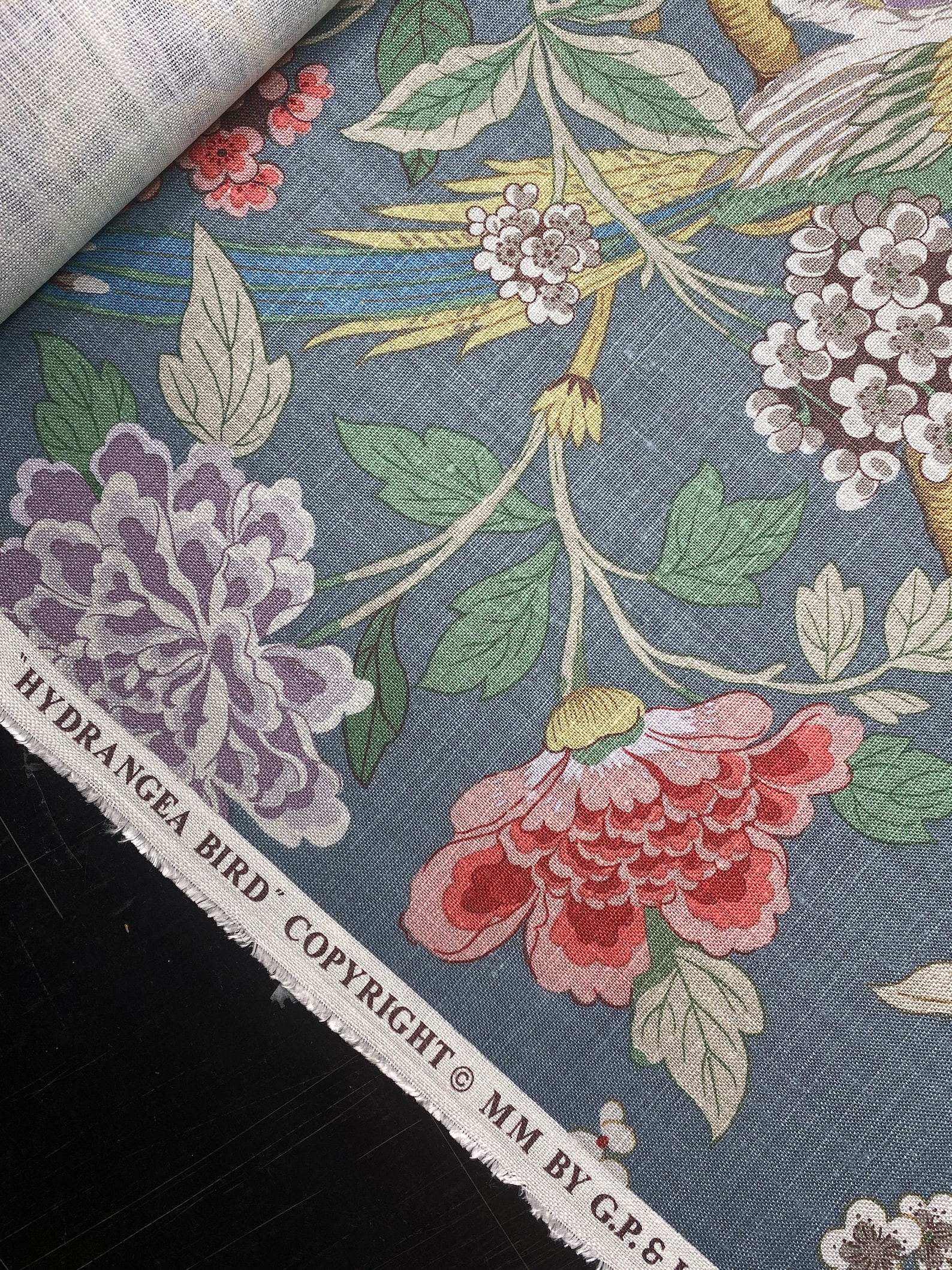 GP & J Baker Hydrangea Bird Indigo Fabric. 100% Linen Fabric. Screen ...