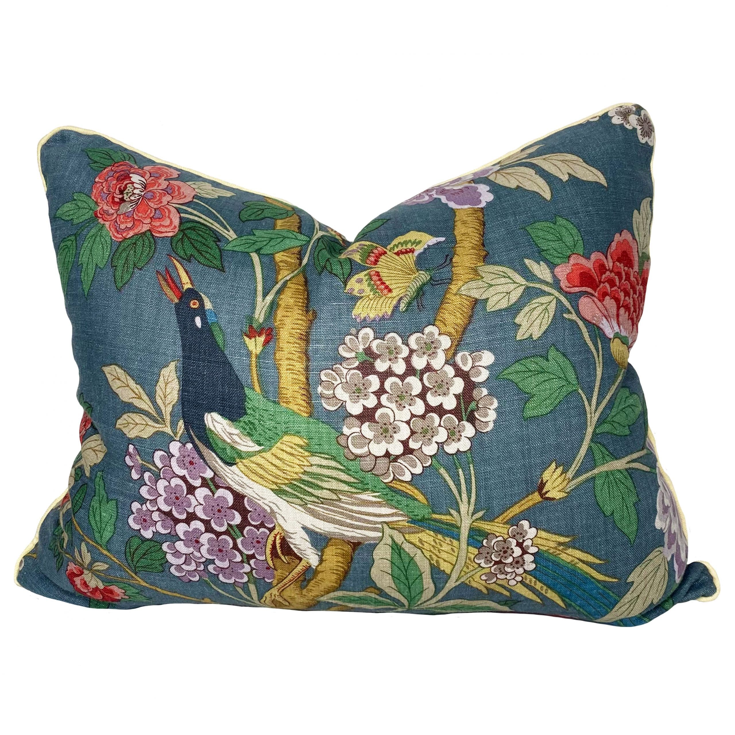GP & J Baker Hydrangea Bird Indigo Cushion 66cm X 47cm. 100% Linen ...