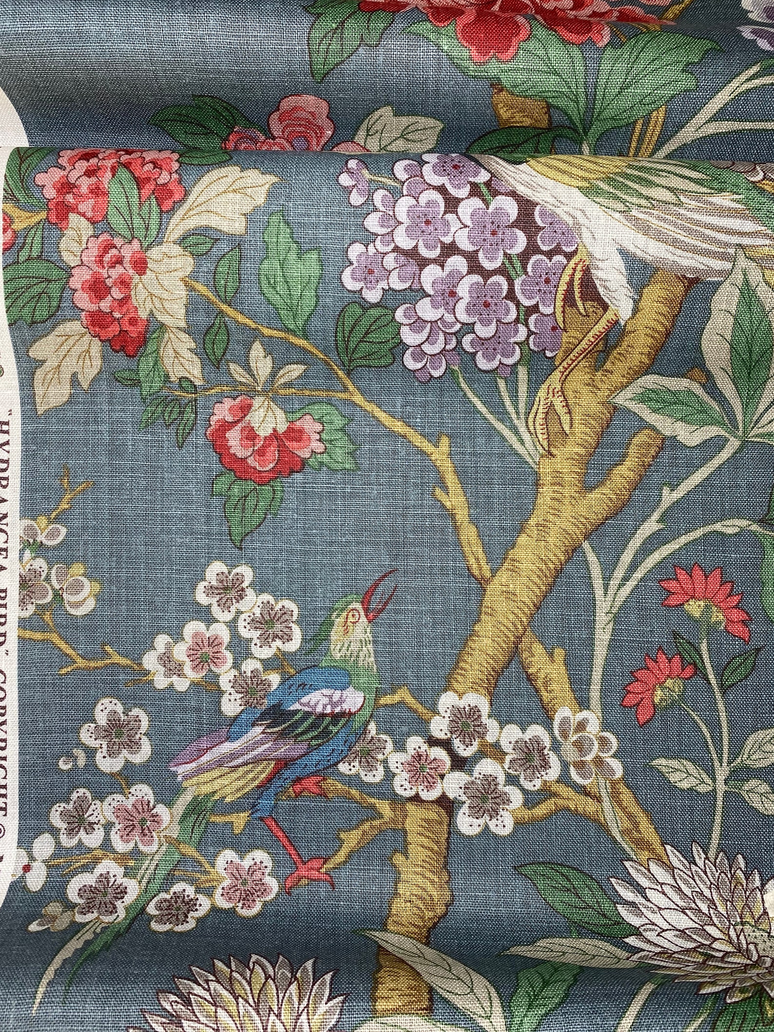 GP & J Baker Hydrangea Bird Indigo Fabric. 100% Linen Fabric. Screen ...