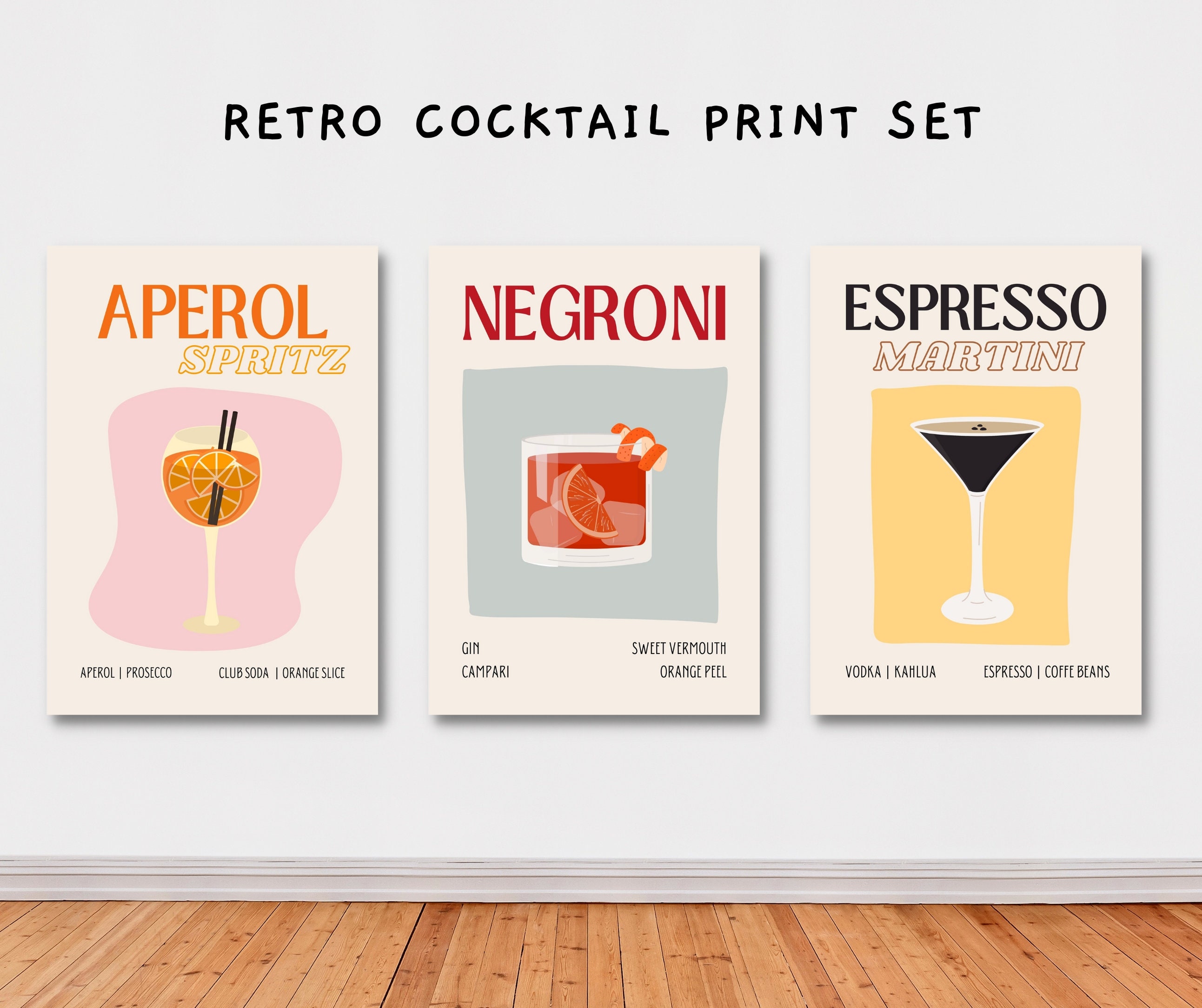 Set of 3 Retro Cocktail Prints Cocktail Print Aperol Print Negroni ...
