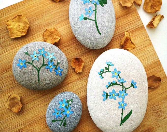 Painted Stones, Painted Forget Me Not Stones, Painted Flower Stones, Painted Forget Me Not Rocks ...