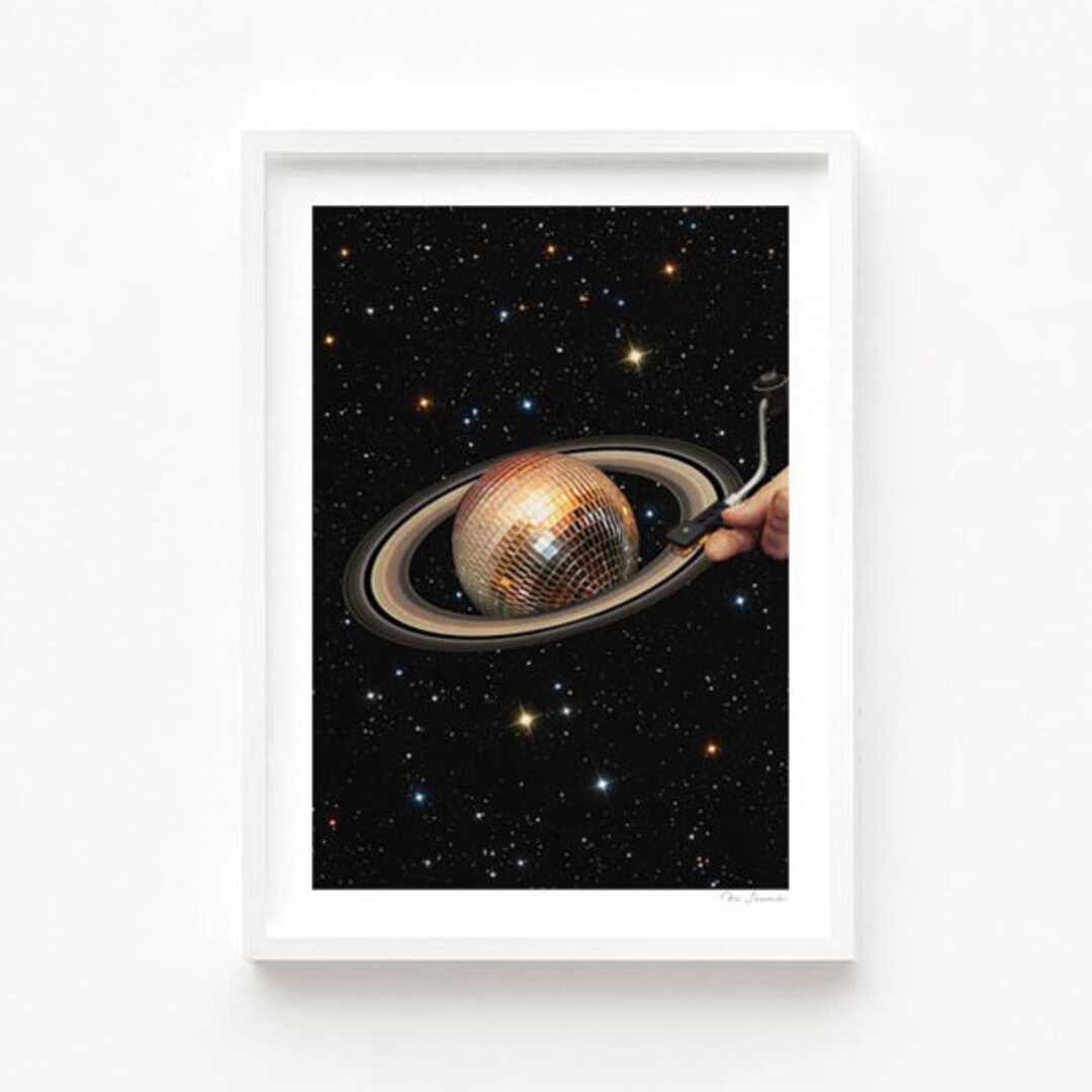 Galactic DJ II Saturn Disco Ball art Print, Music, Surreal Art, Vintage ...