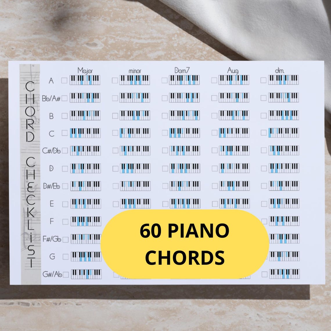 60 Piano Chords Chart Checklist | Instant Download, Piano Learning ...