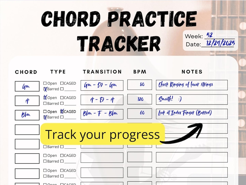Guitar Chord Practice Tracker | Printable & Digital Music Practice Log ...