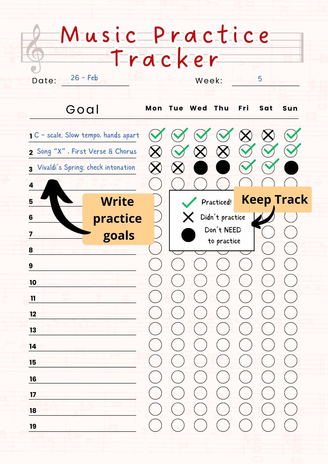 Printable Music Practice Tracker: Goal Planner & Instrument Log ...