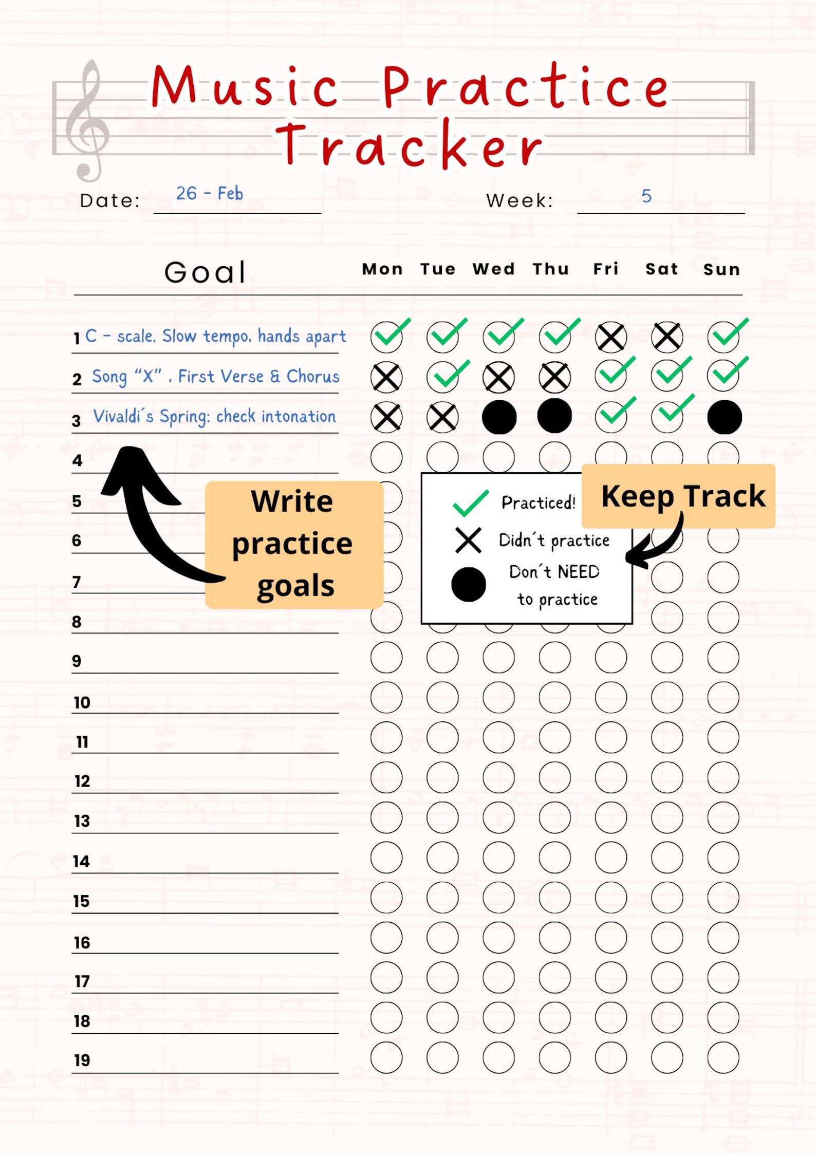 Printable Music Practice Tracker: Goal Planner & Instrument Log ...