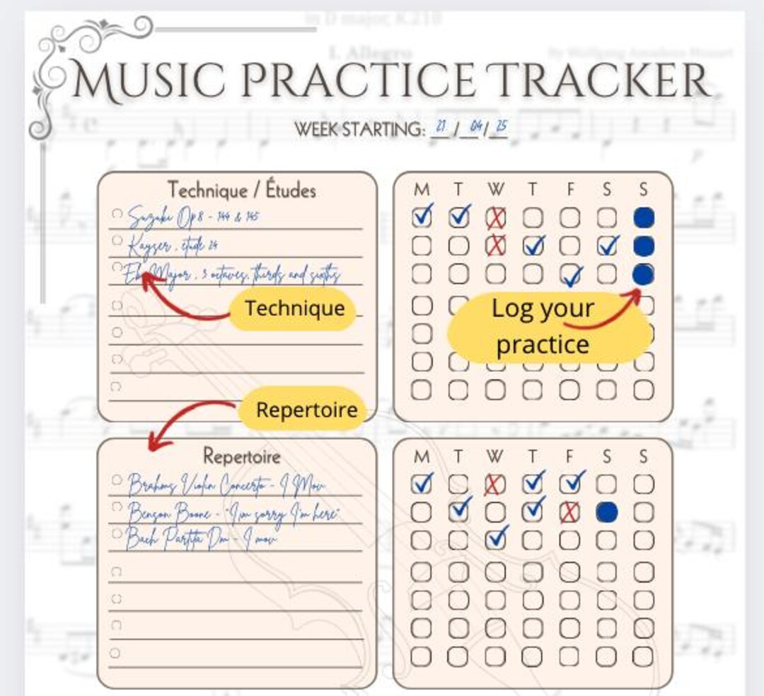 Music Practice Planner: Technique & Repertoire Tracker (PDF + JPG) - Etsy