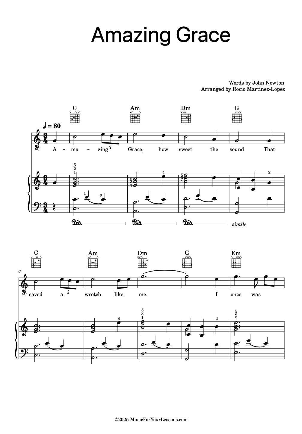 Amazing Grace - C MAJOR- Sheet Music for Piano, Lead/vocal & Guitar ...