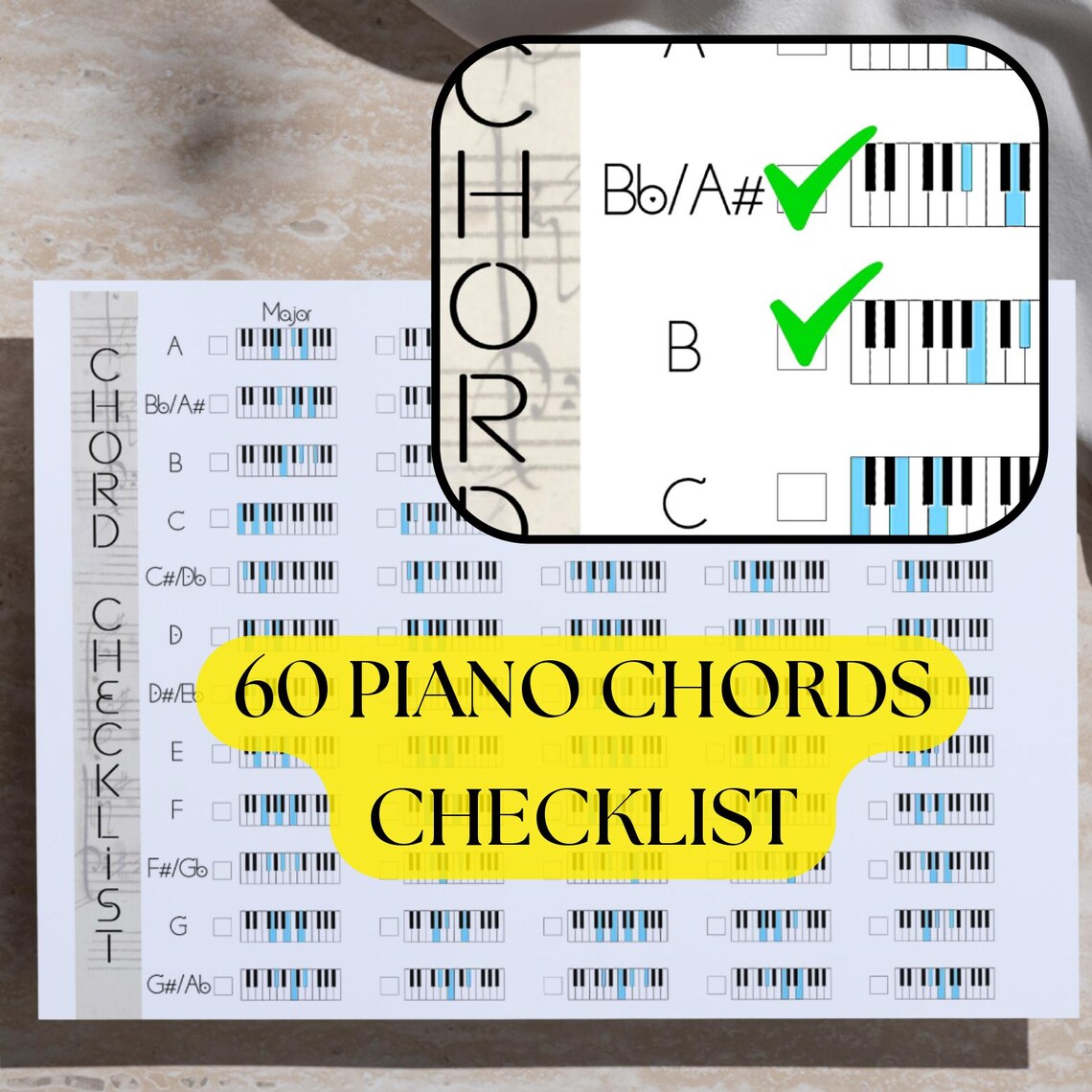 60 Piano Chords Chart Checklist | Instant Download, Piano Learning ...