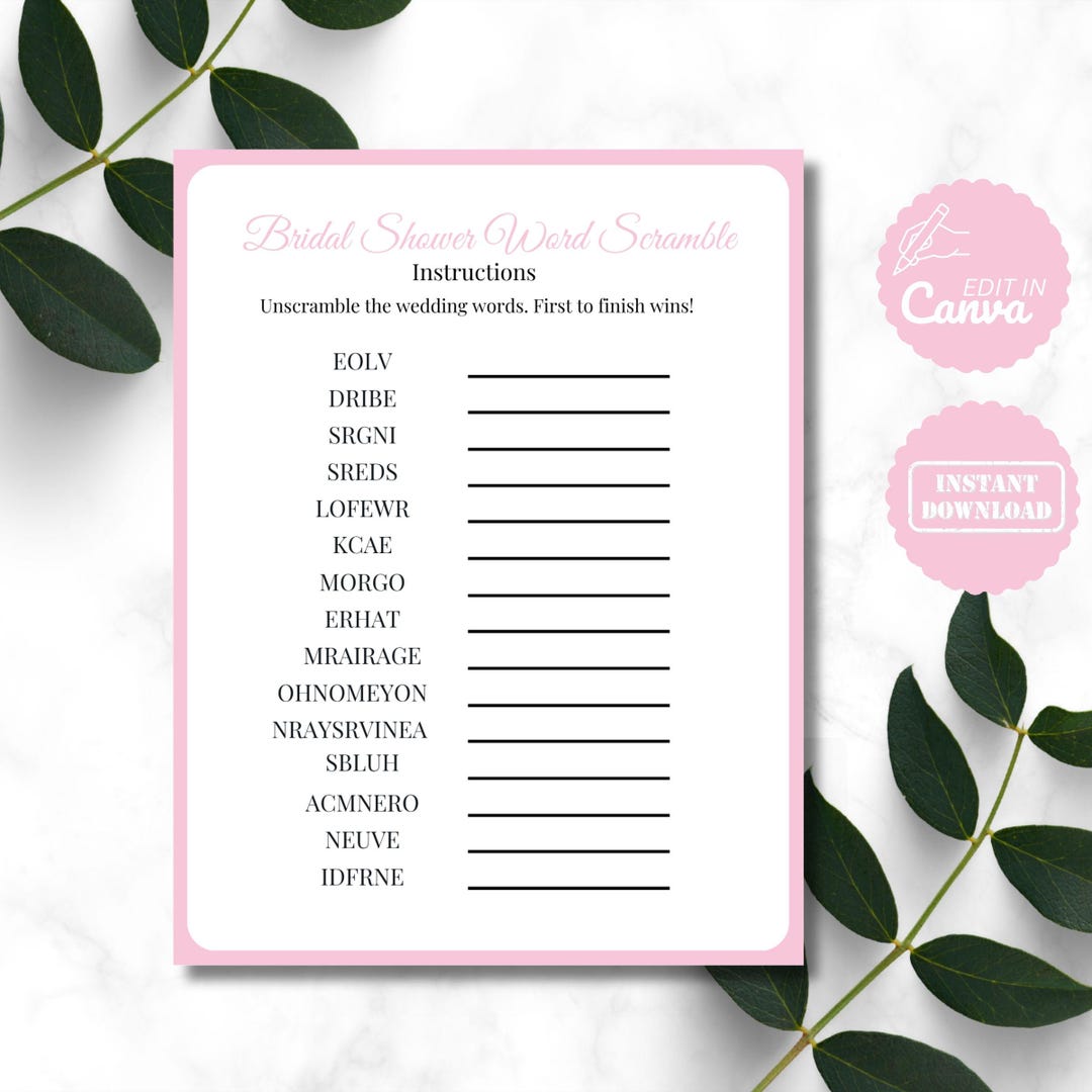 Bridal Shower Word Scramble – Printable & Editable Canva Template ...
