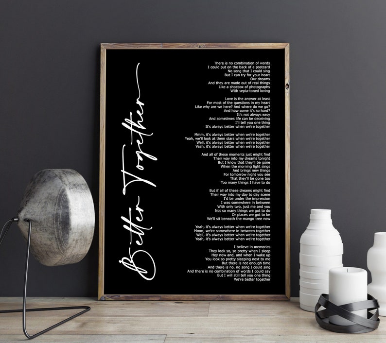 Better Together Lyric Art Black Lyrics Song Print Etsy