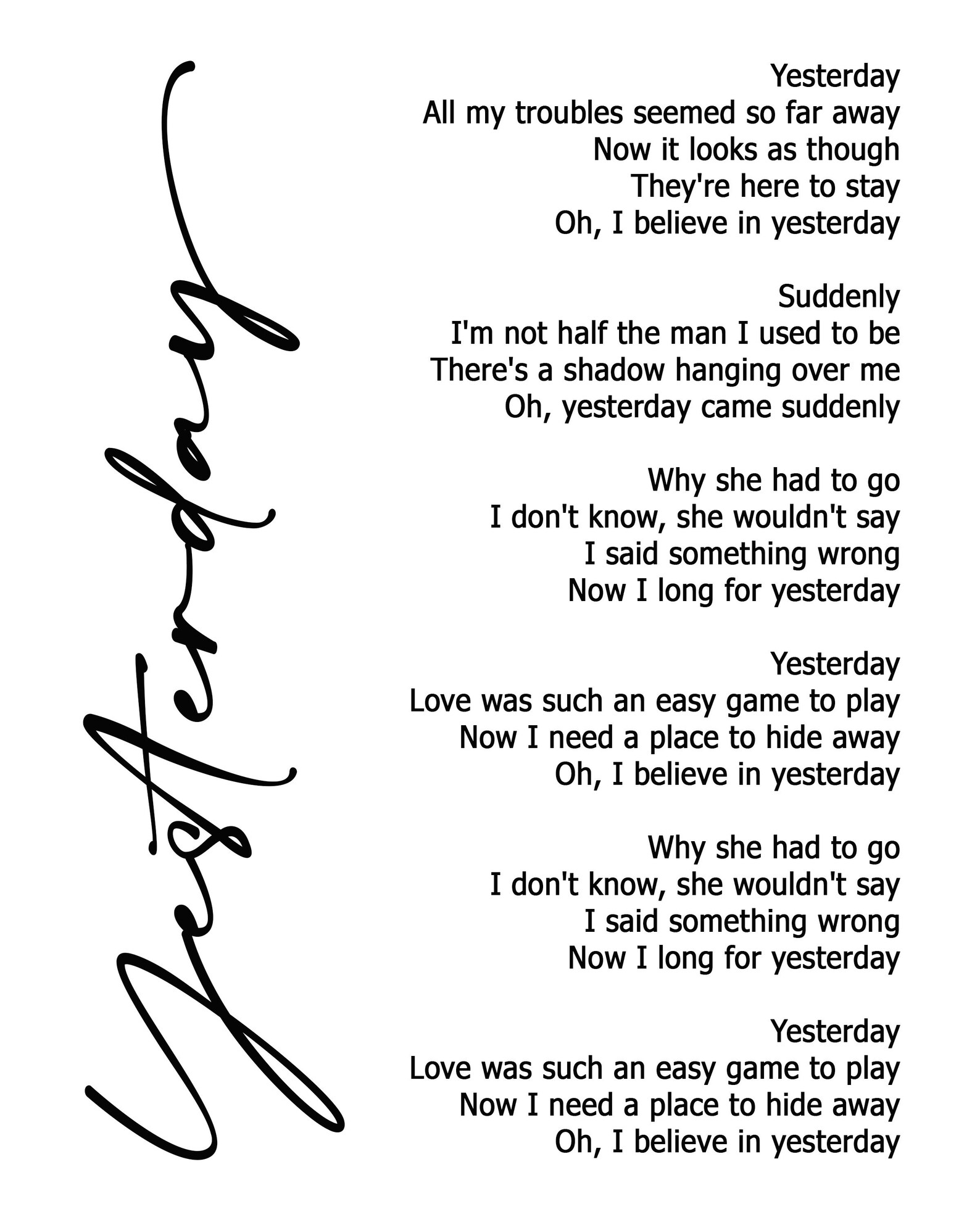 Yesterday Arte Lírico Blanco Letra de la impresión de la | Etsy