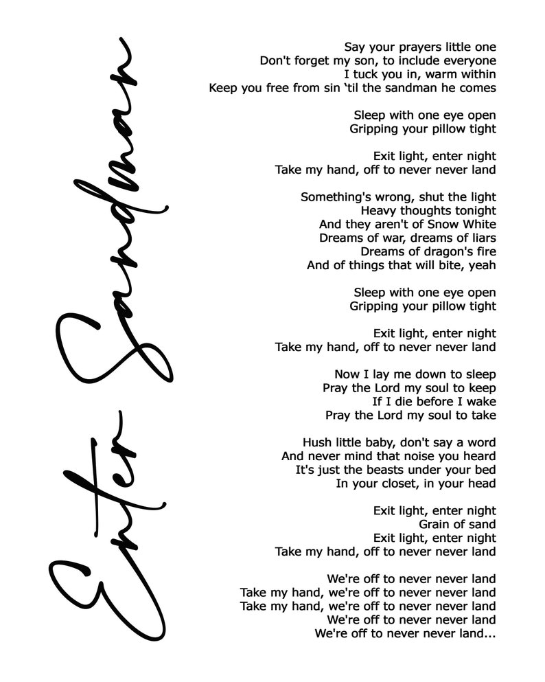 Enter Sandman Lyric Art White Lyrics song print | Etsy