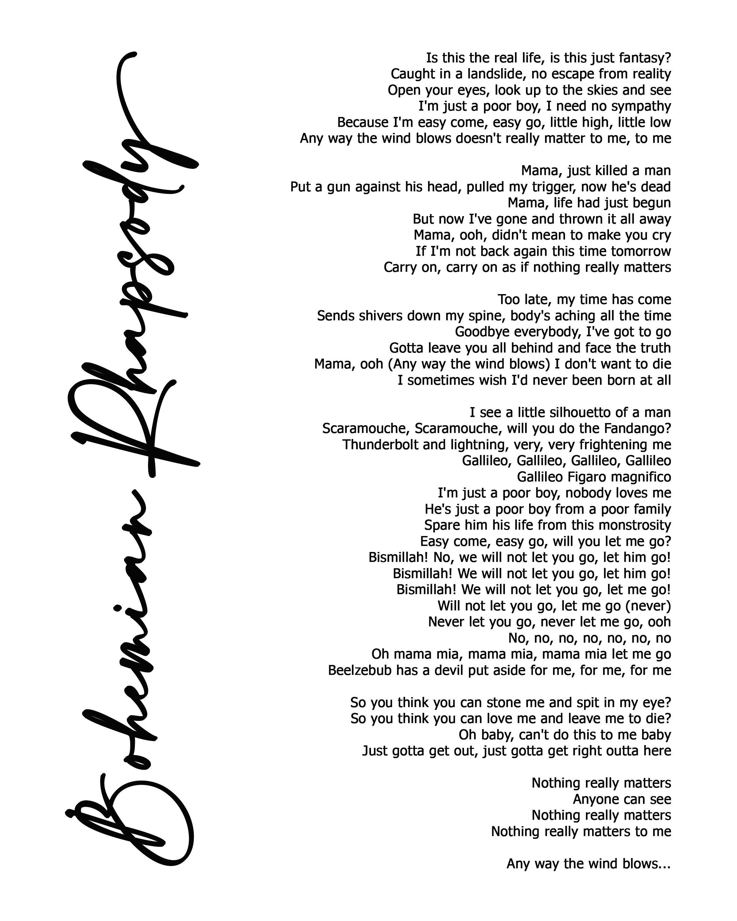 Bohemian Rhapsody Lyric Art Lyrics song print | Etsy