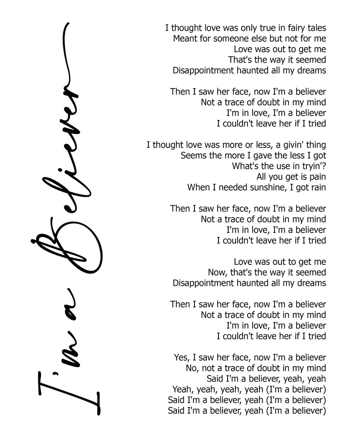 I'm A Believer Lyric Art White Lyrics song print | Etsy