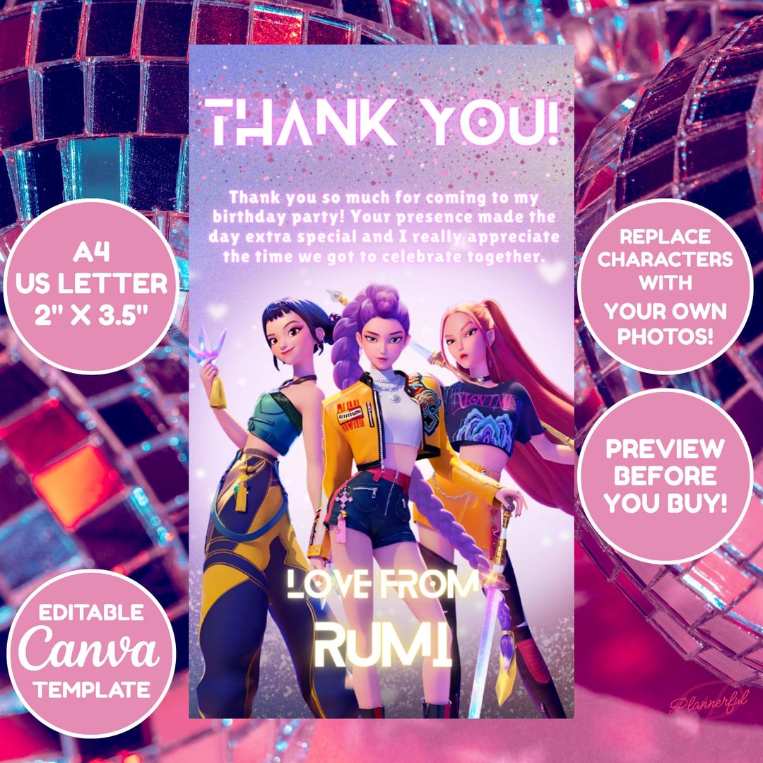 Kpop Demon Hunters Thank You Card Birthday Party Editable Kpop Thank ...