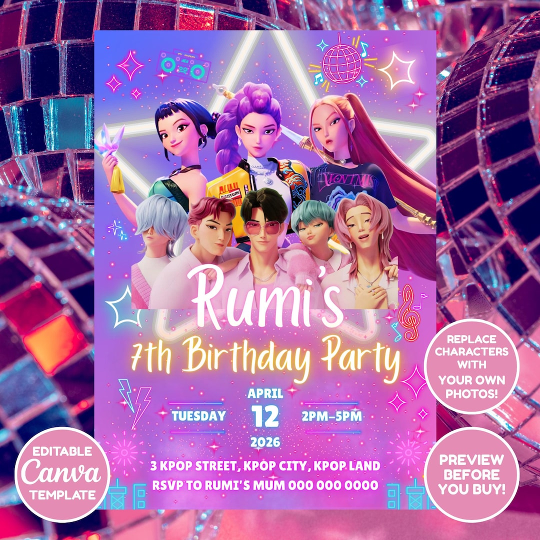 Kpop Birthday Invitation Bday Party Invite Canva Template Huntrix ...