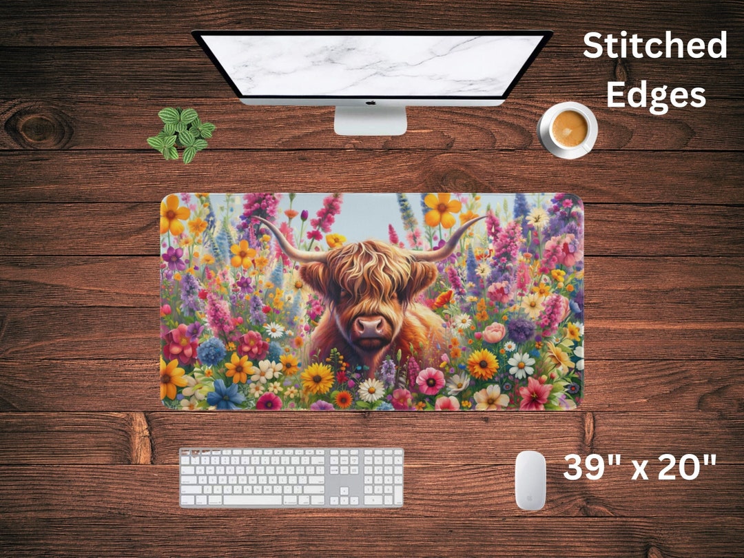 Highland Cow Desk Mat, Cottagecore Desk Mat, Wildflowers Large Gaming ...