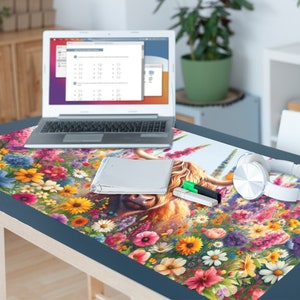Highland Cow Desk Mat, Cottagecore Desk Mat, Wildflowers Large Gaming ...