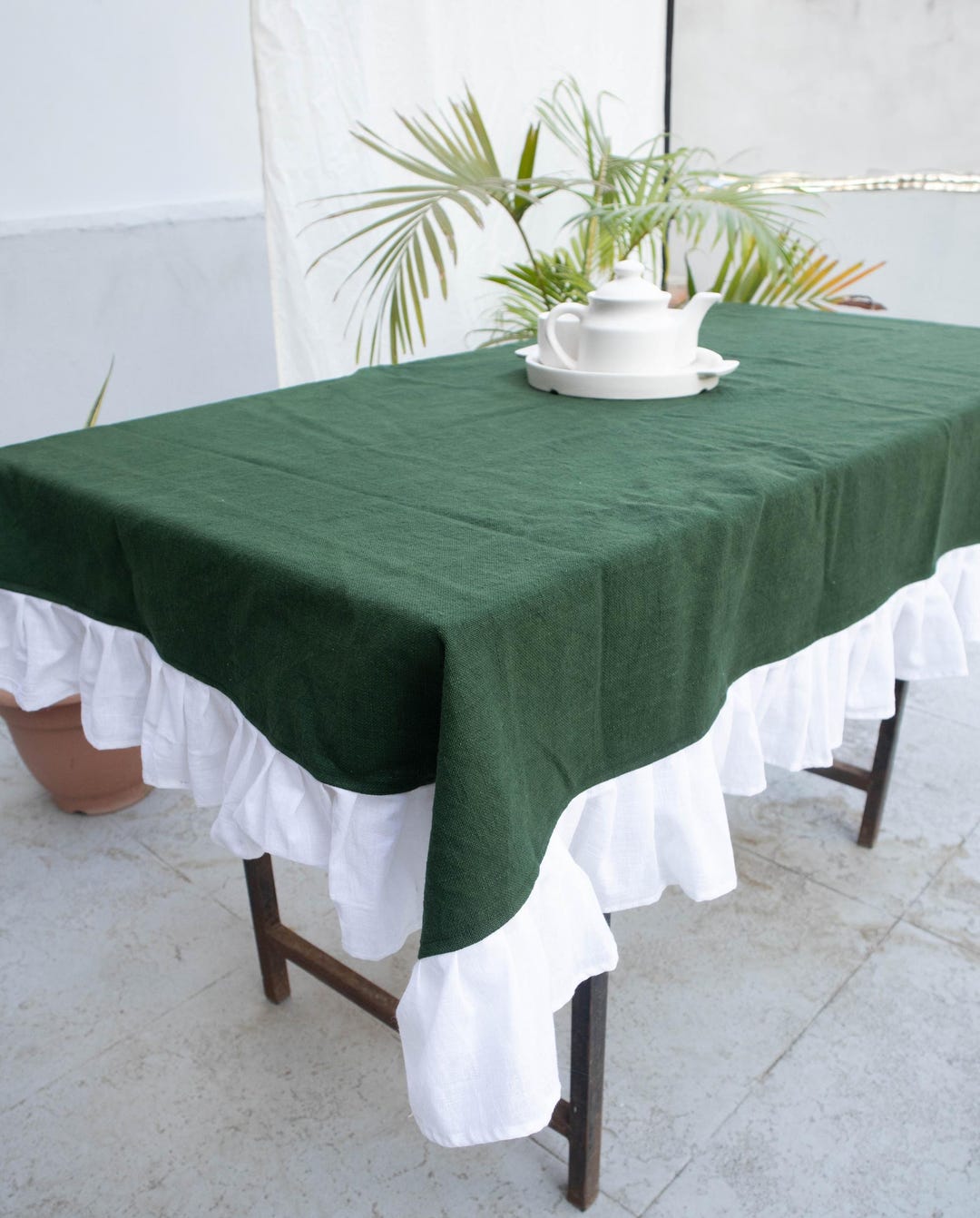 Cotton Green Ruffled Table Cover- Christmas Table Cover - Heavy Table ...