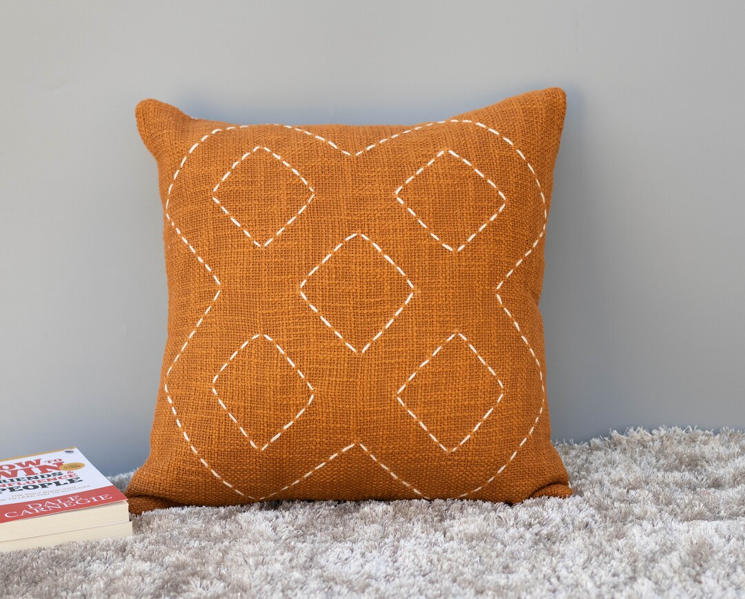 Rust Hand Kantha Cushion Cover - 100% Cotton Rust Handmade Embroidery ...