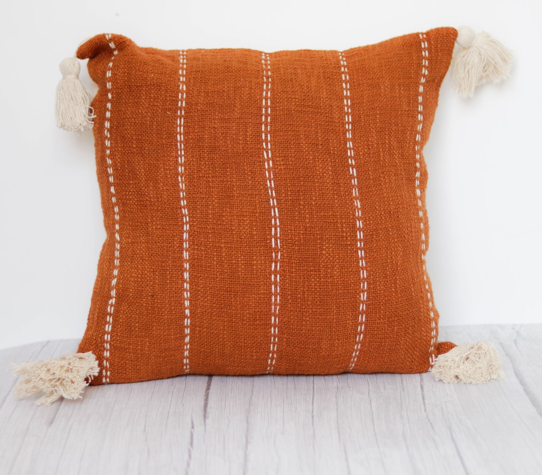 Hand Kantha Embroidered Rust Throw Pillow Cover With Tassels - Etsy