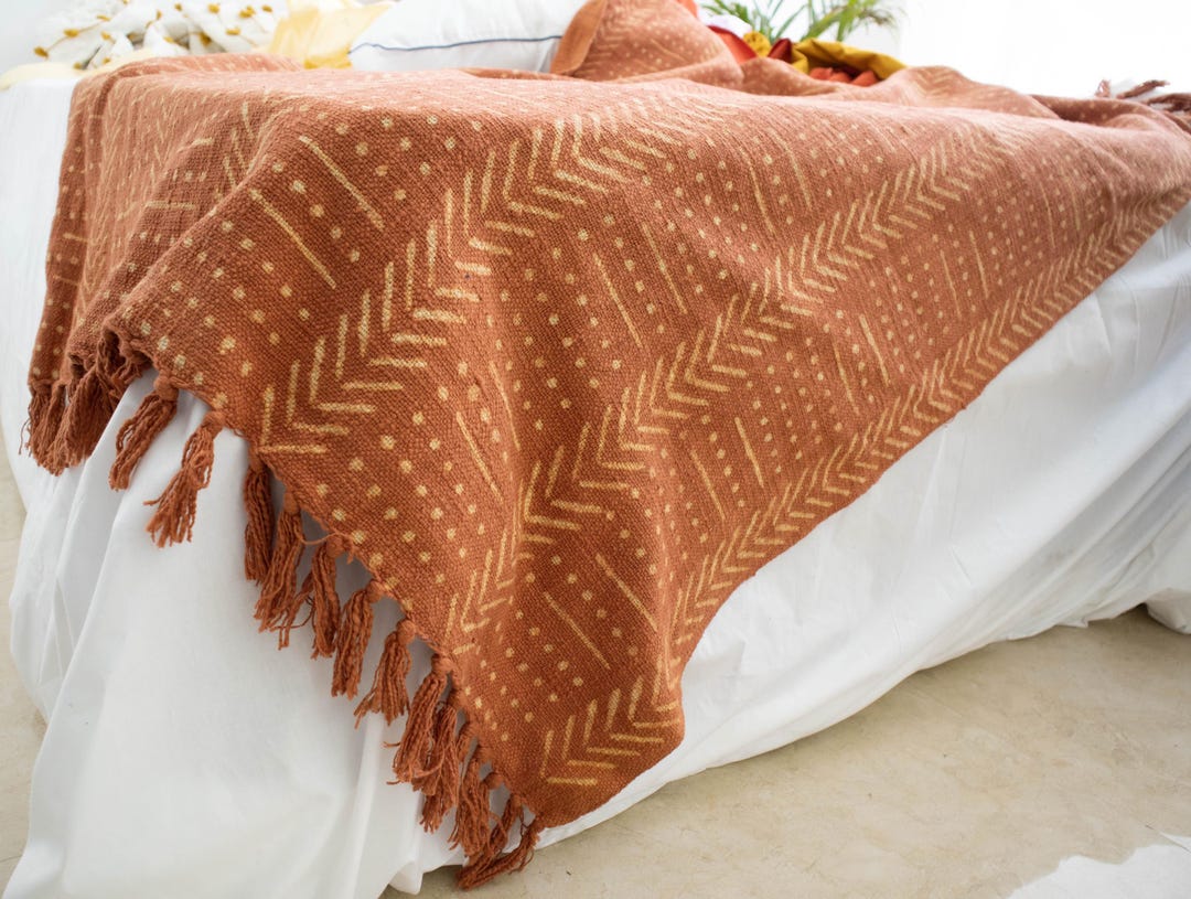 Rust Hand Block Printed Cotton Throw Blanket With Tassels - Etsy