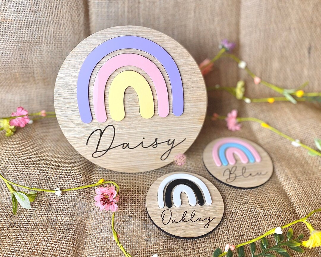 3D Laser Engraved Wooden & Acrylic Rainbow Name Sign Children's Nursery ...