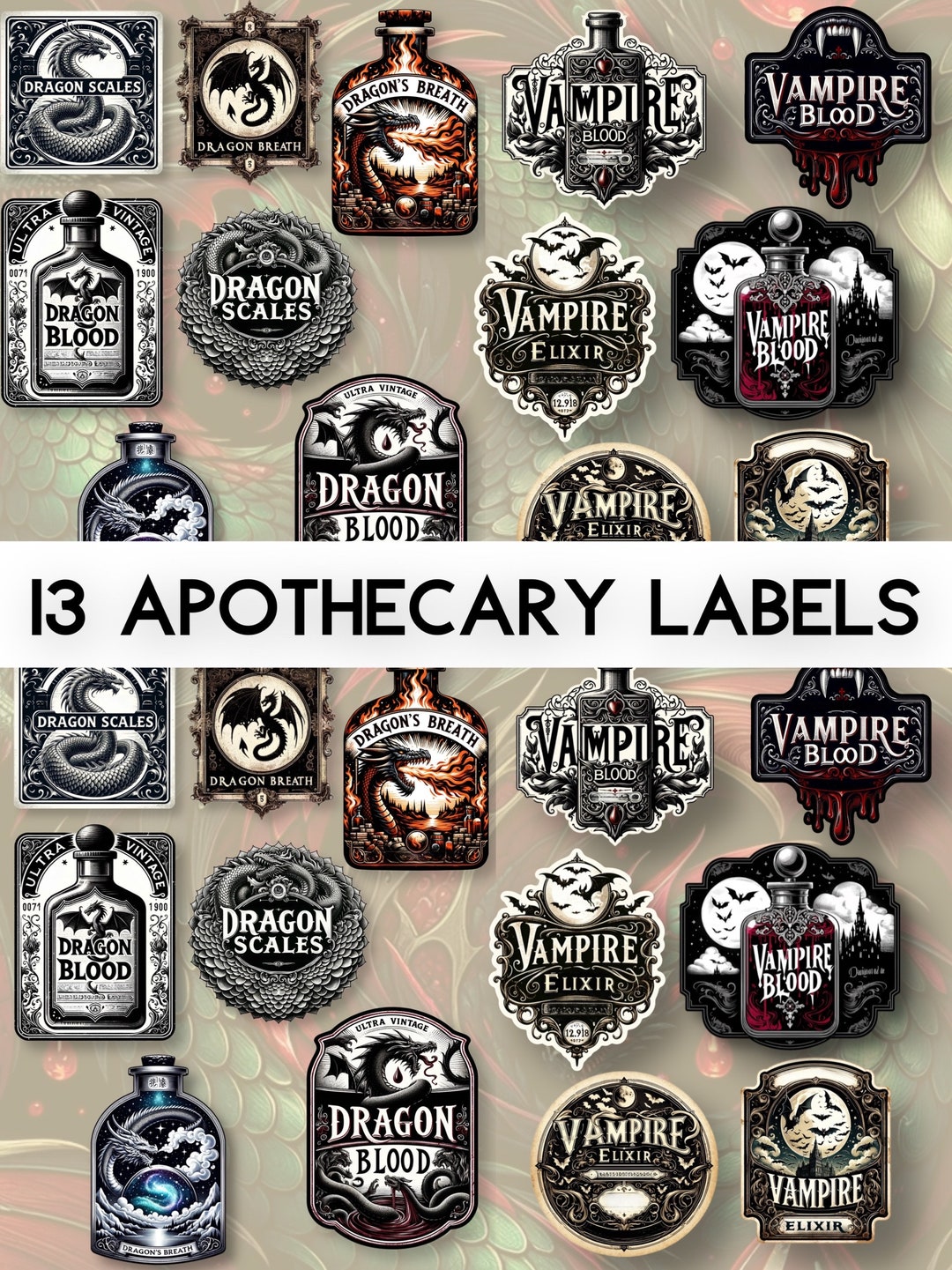 Dragon & Vampire Apothecary Labels: Halloween Potion Bottle Stickers - Etsy