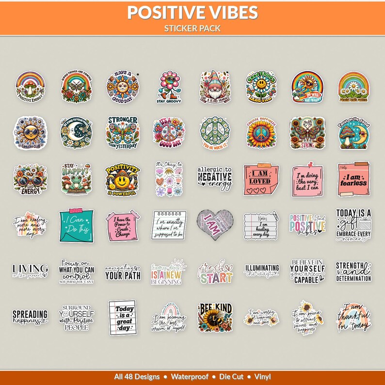 Positive Vibes Sticker Pack | 48 Die Cut Vinyl Stickers | Waterproof ...