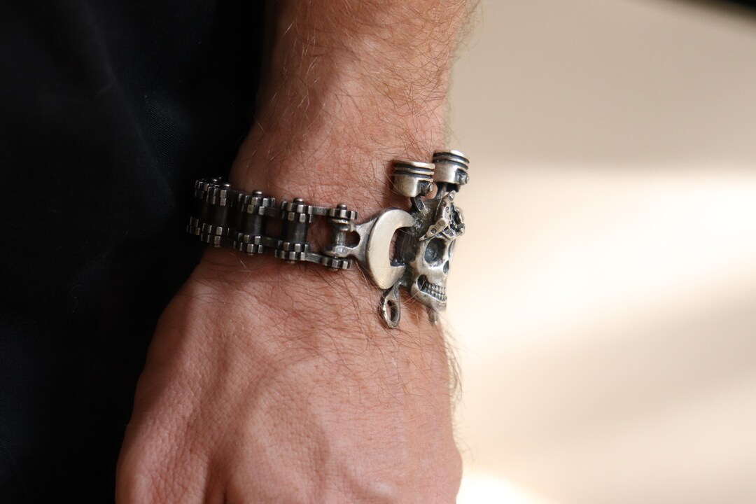 Mechanic Cog Skull Bracelet, Oxidized Sterling Silver, Men Steel Metal ...