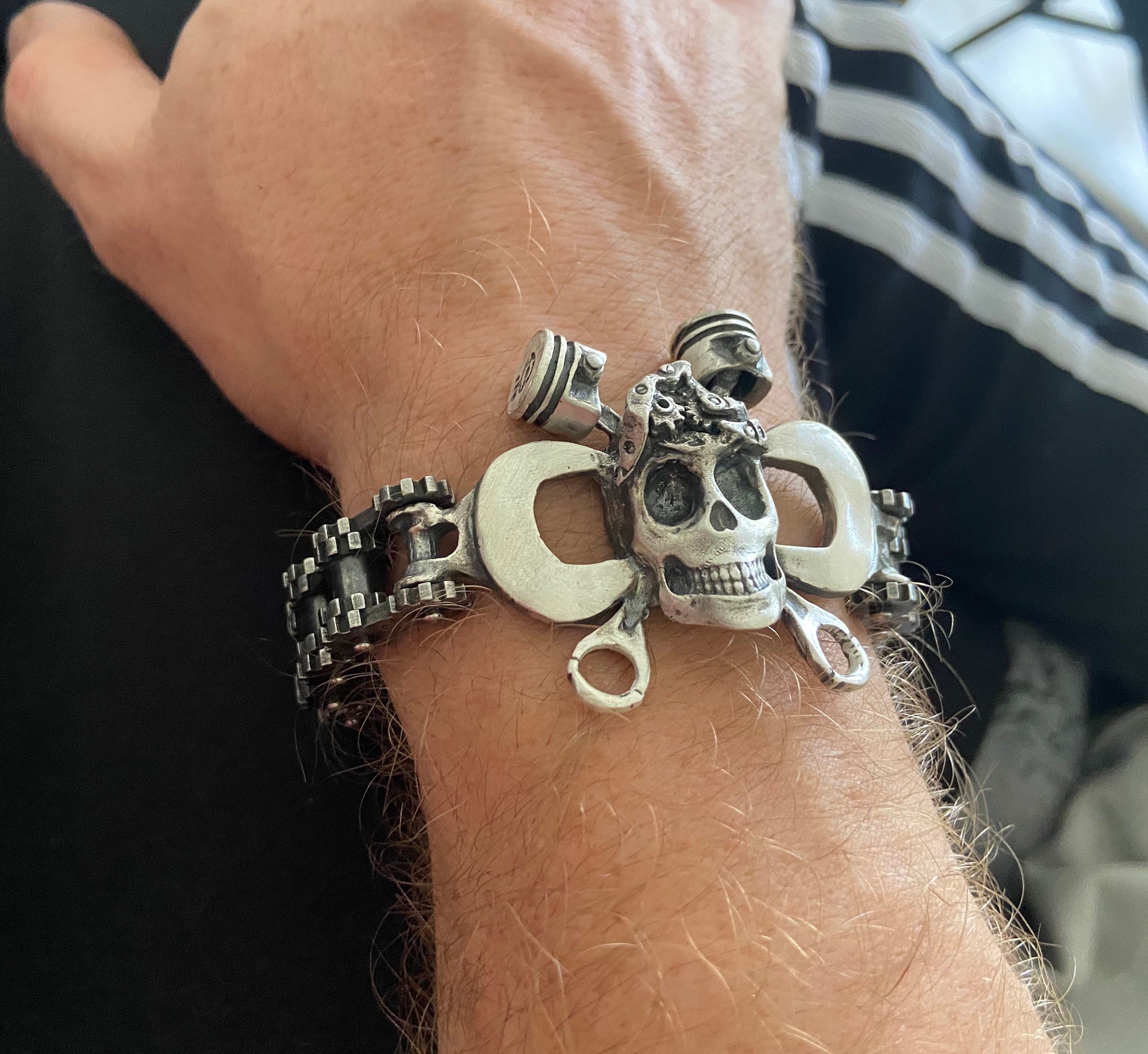 Mechanic Cog Skull Bracelet, Oxidized Sterling Silver, Men Steel Metal ...