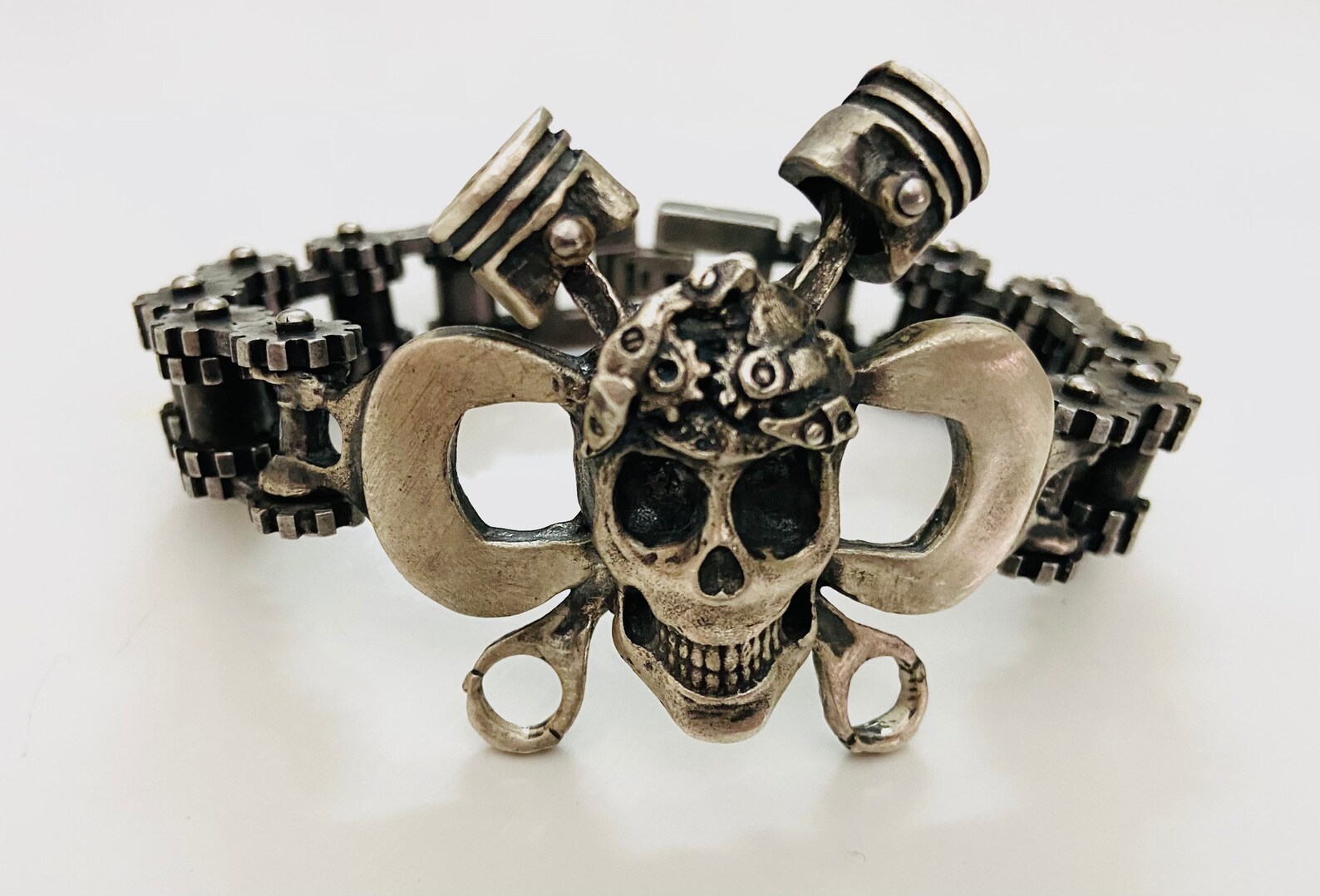 Mechanic Cog Skull Bracelet, Oxidized Sterling Silver, Men Steel Metal ...