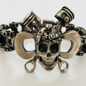 Mechanic Cog Skull Bracelet, Oxidized Sterling Silver, Men Steel Metal ...
