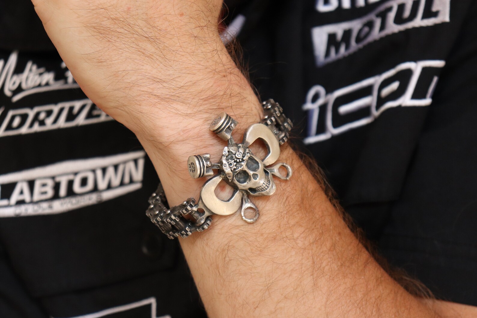 Mechanic Cog Skull Bracelet, Oxidized Sterling Silver, Men Steel Metal ...