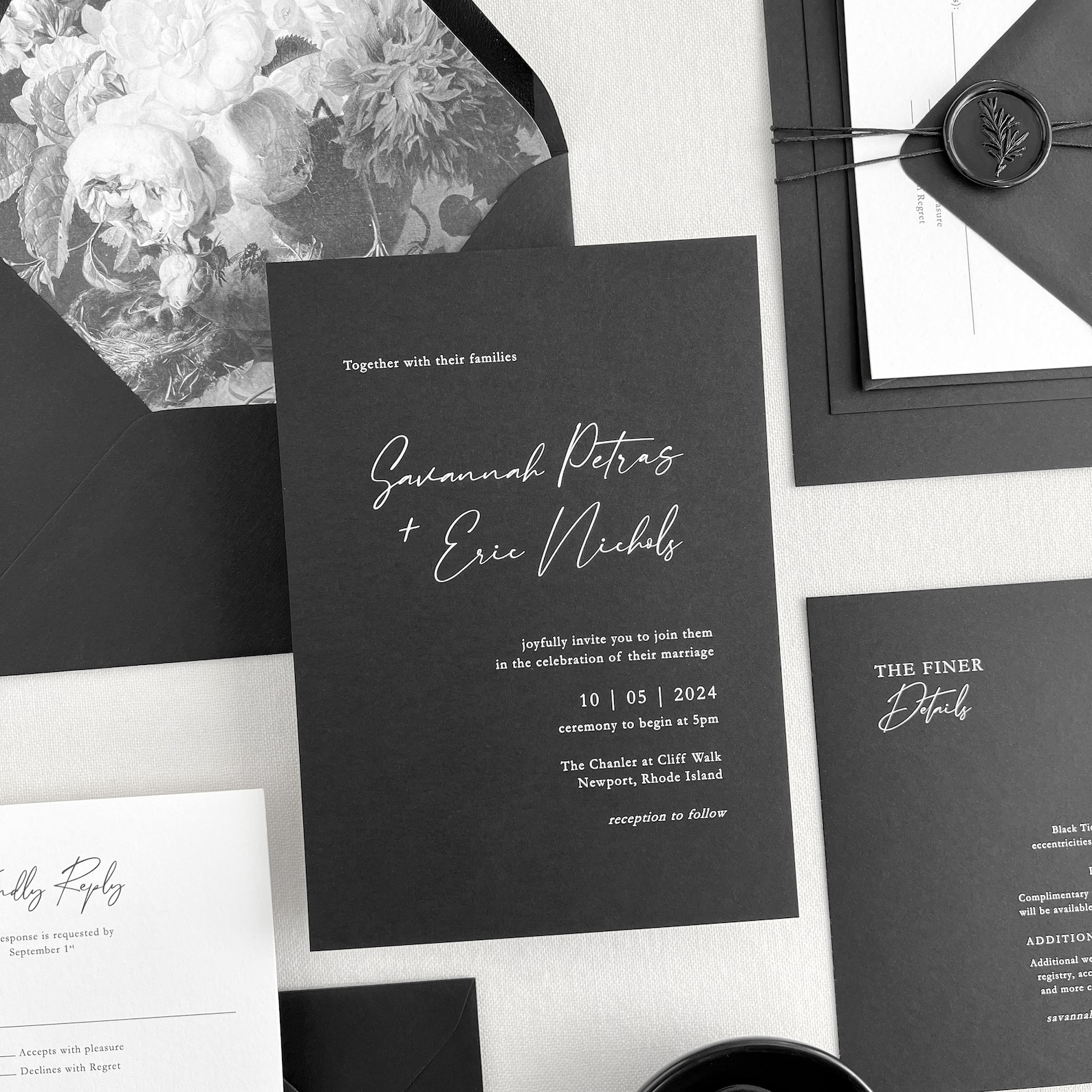 Black Wedding Invitation Set | Modern Minimal White Ink Invites on ...