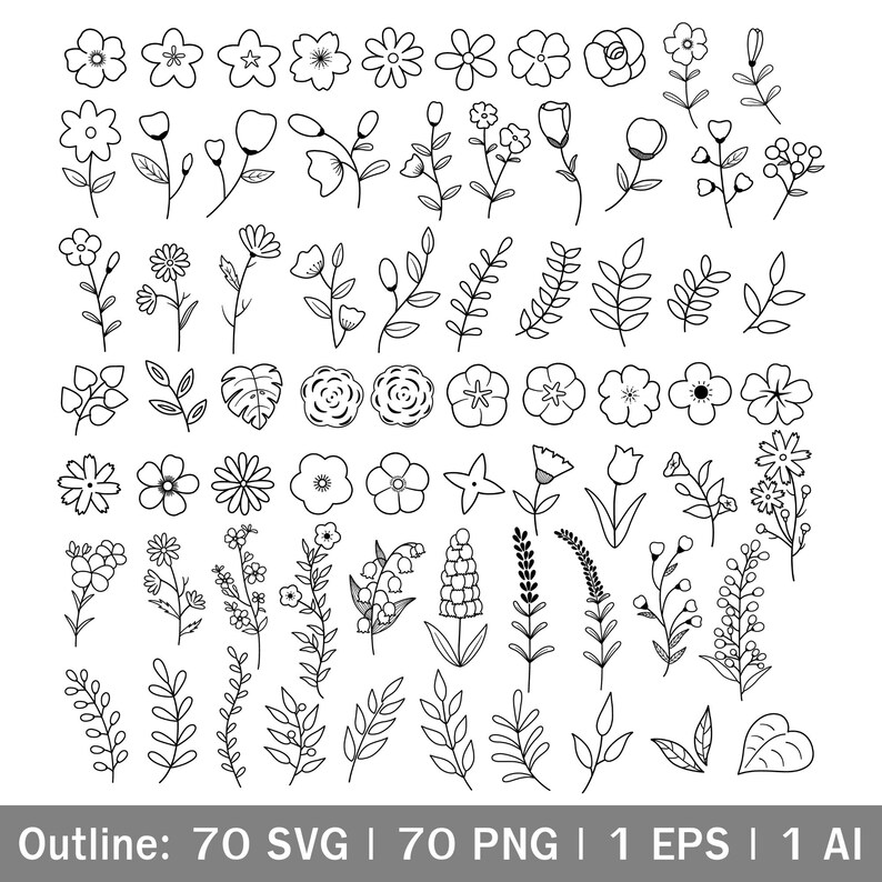 70 Doodle Flower SVG Bundle | Hand-drawn Floral Clipart (digital ...