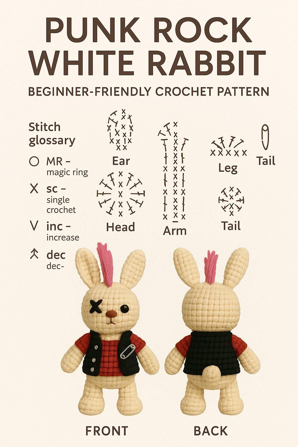 Crochet Pattern – Punk Rock White Rabbit | Beginner-friendly Amigurumi ...
