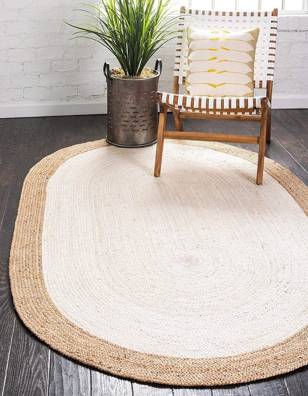 Oval Braided Jute Rug in Cream White, Grey, Black, Navy Blue Border ...