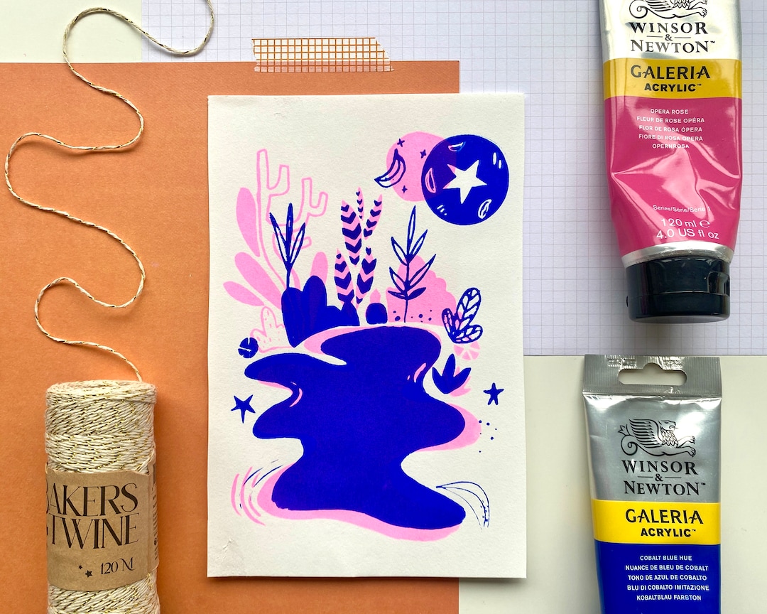 Neon Screen Print Bird Banana Stars Screenprint on Paper Screenprint on ...