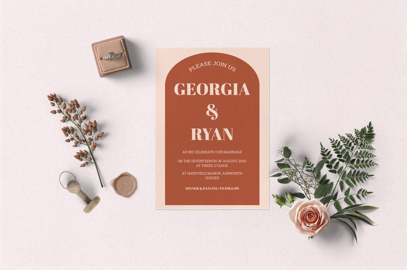 70's Rust Wedding Invitation Template Set, Arch Invite Suite, Editable ...
