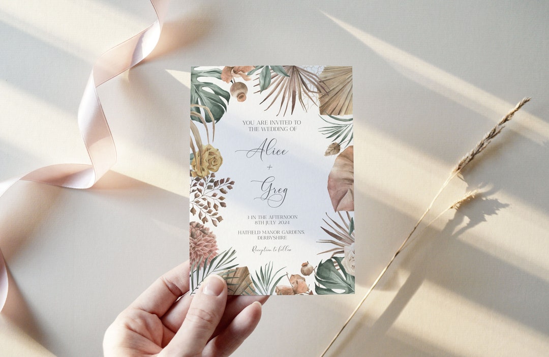 BALI - Tropical Leaves Wedding Invitation Template, Pampas Grass ...