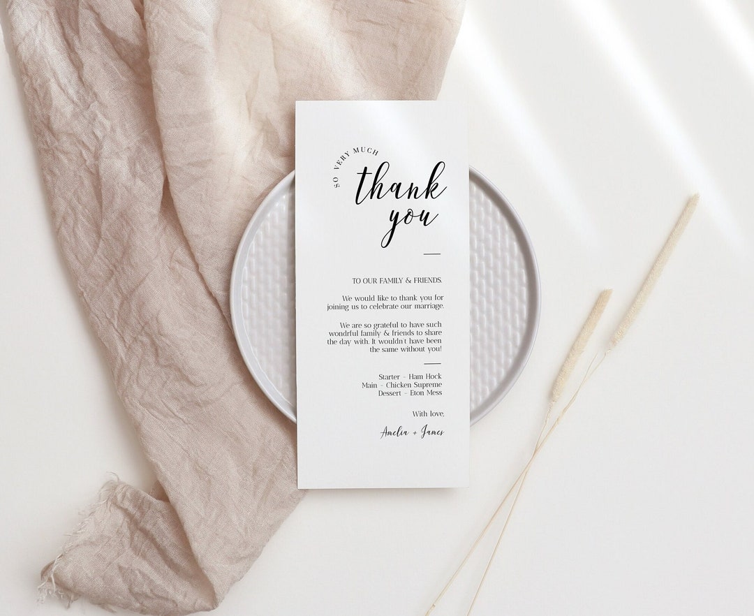 Minimalist Thank You Menu Place Card, Thank You Napkin Note, Printable ...