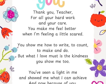 Teacher Gift/teacher Poem/thank You Poem for Teacher Digital Print to ...
